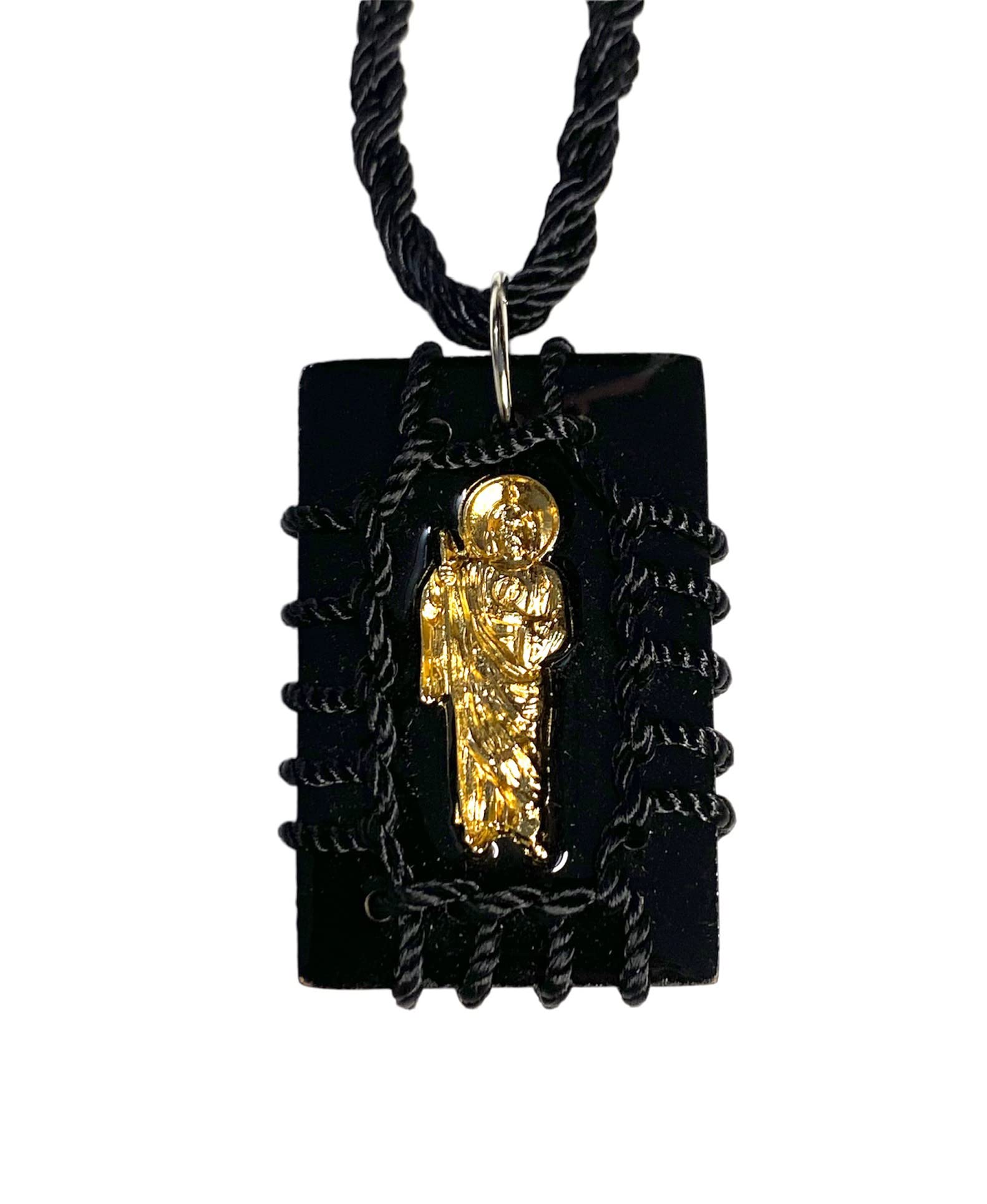 St Jude Black Wood Scapular Necklace Reversible Gold Plated Charm Escapulario Negro Madera San Judas Tadeo