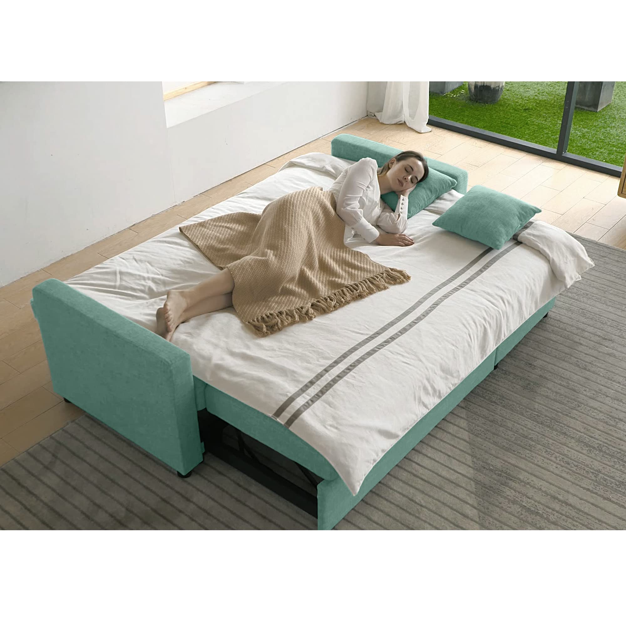 POVISON Reversible Sectional Sofa Sleeper, 82'' Wide Sectional Couch Pull-Out Sofa Bed L-Shape Upholstered Sofa Bed with Storage Chaise for Living Room (Green)