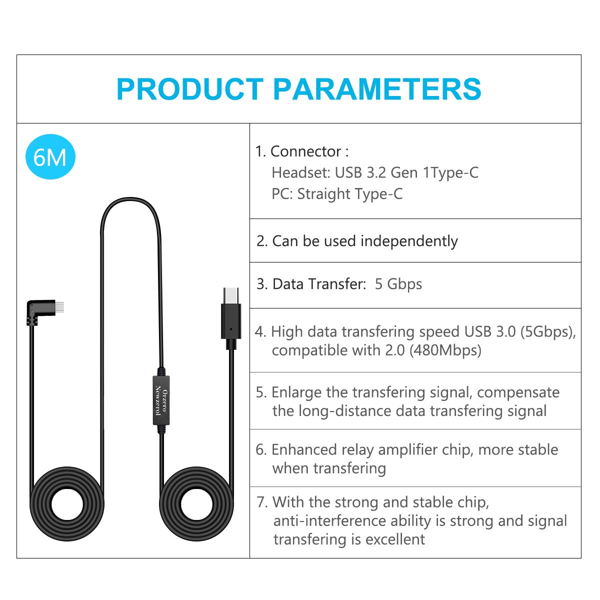 Orzero Total 6M / 20Ft Type C Stable Data Cable Compatible for Quest 2, Quest Link Steam VR, Extension Cable with Relay Amplifier Chip and USB 3.2 Gen 1 Cable(Cable Only)