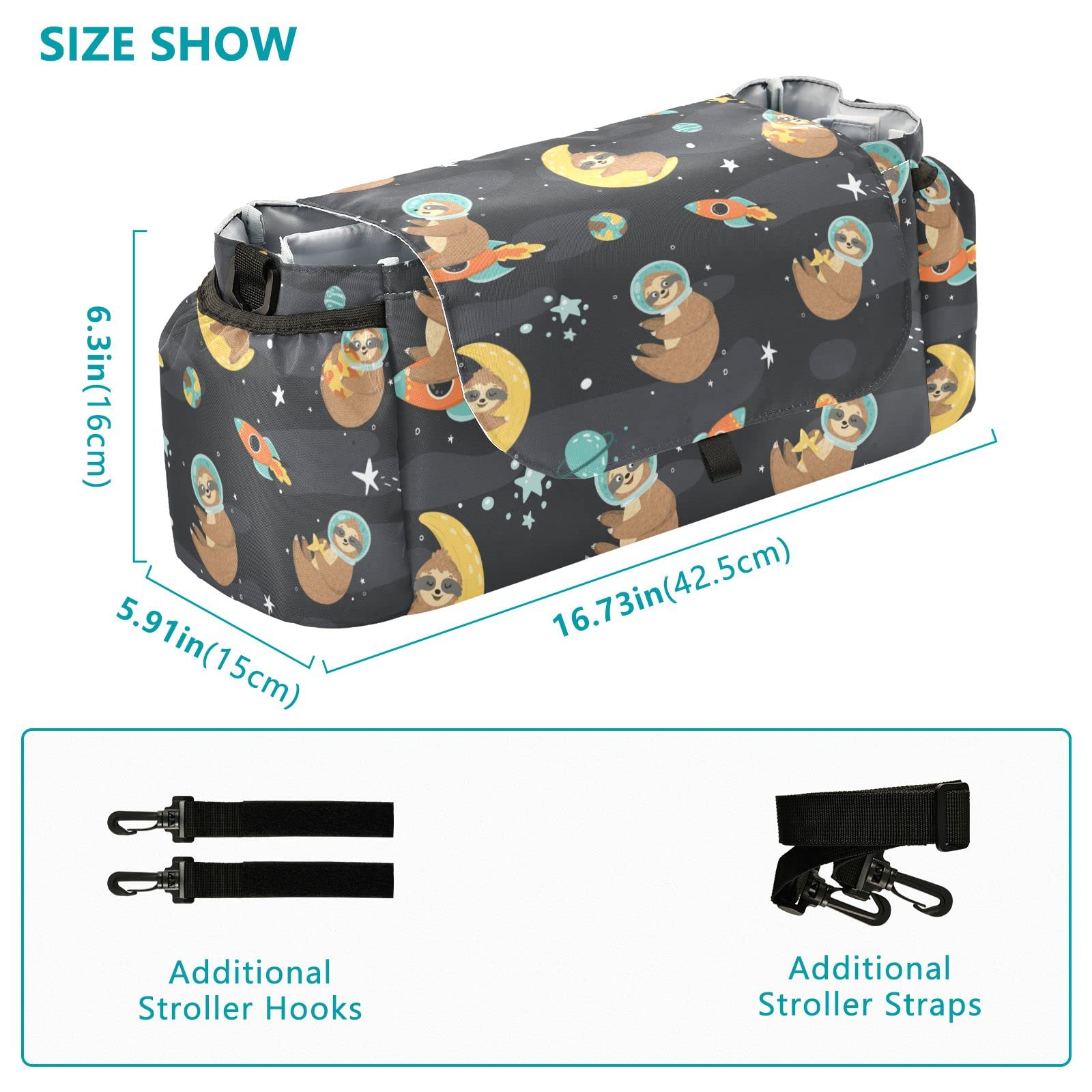 Sloth Astronaut Rocket Stroller Organizer with Cup Holder Universal Stroller Organizer Bag Detachable Shoulder Strap Stroller Accessories for Diaper Snacks Toys Keys Fit All Baby Stroller