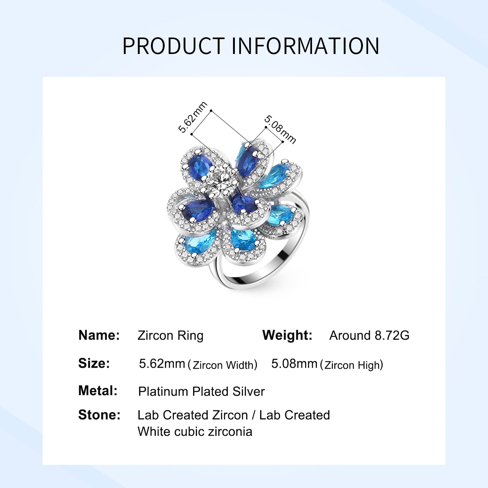 Miss.F&D Eternity Ring Brilliant Diamond Flower Charm Two Color Crystal Camellia Shape Rhinestone Halo Design Statement Platinum Engagement Ring For Women (BLUE)