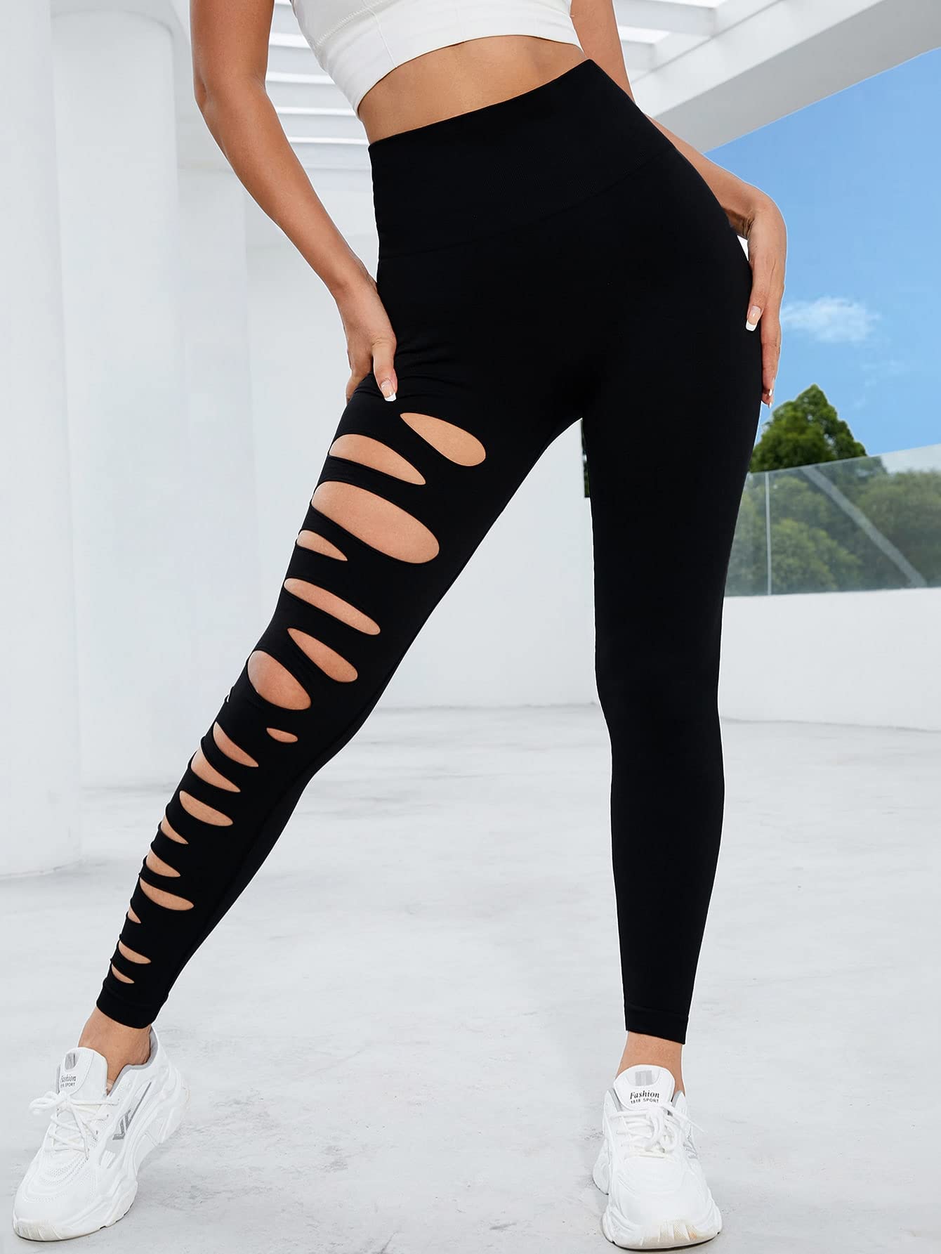 SweatyRocks Women's Legging Mesh Insert Ripped Tights Yoga Slim Pants Black Cutout S