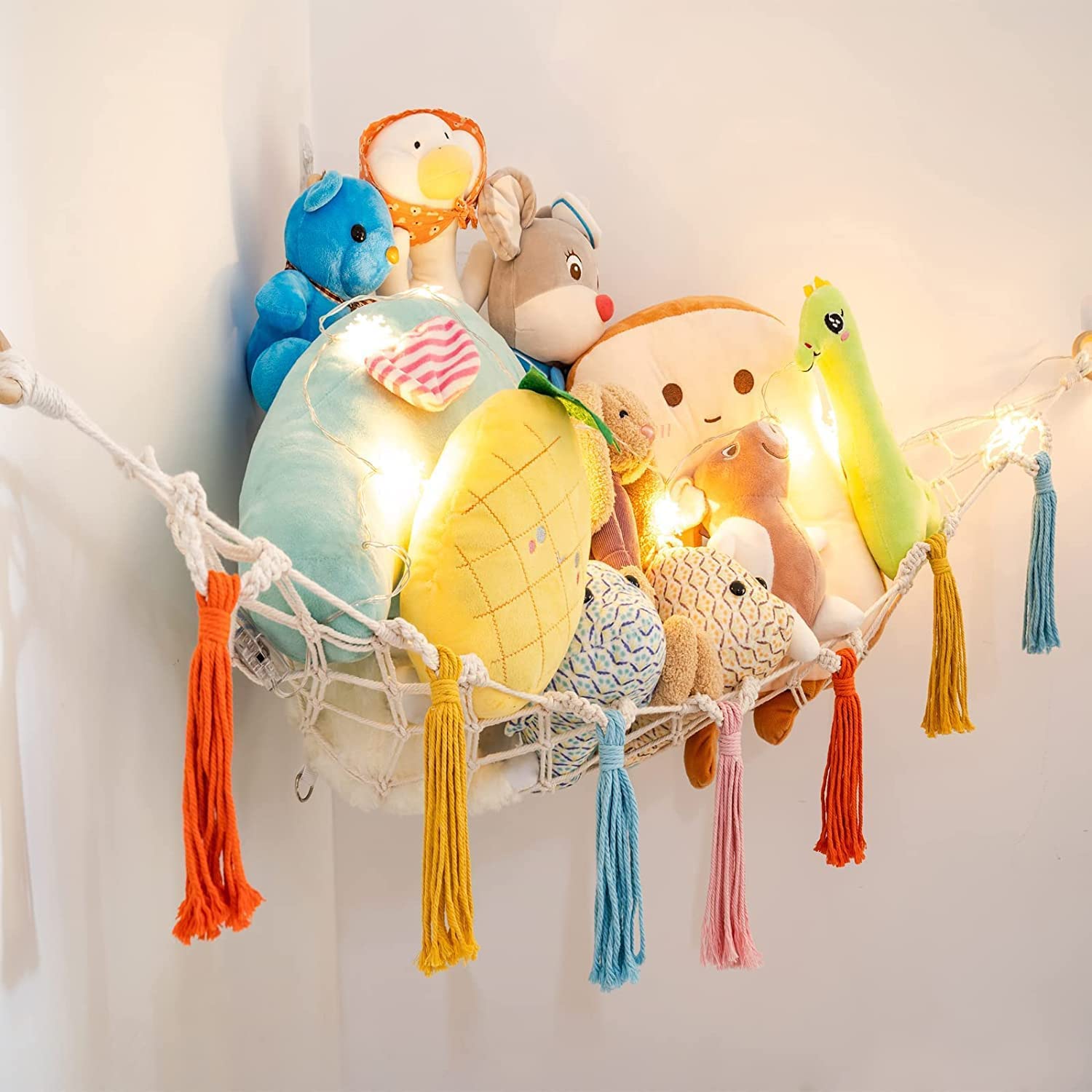 XIAOLAN Boho Stuffed Dolls Hammock Hanging Plush Toy Holder Boho Cotton Macrame Tassels Wall Storage Suitable for Bedroom Nursery