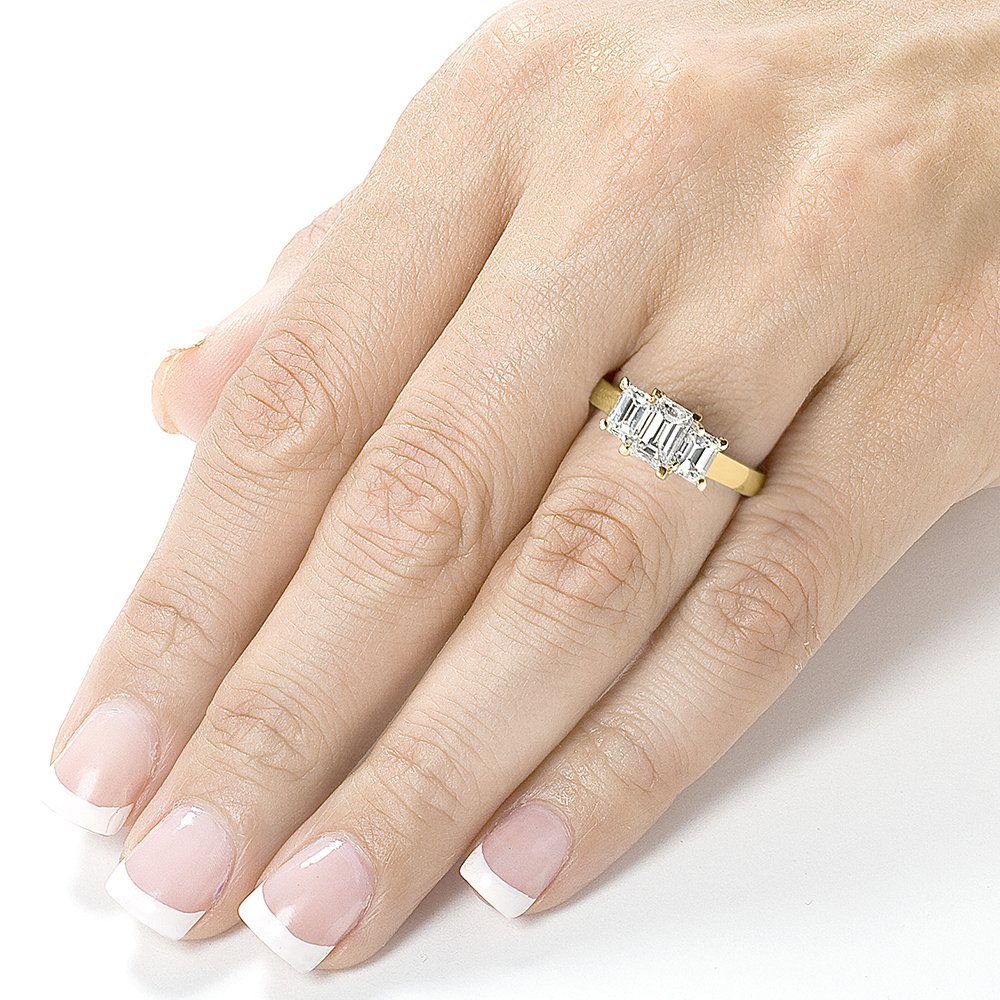 Kobelli Emerald-cut Moissanite Three-stone Engagement Ring 1 5/8 CTW 14k Yellow Gold, Size 8.5