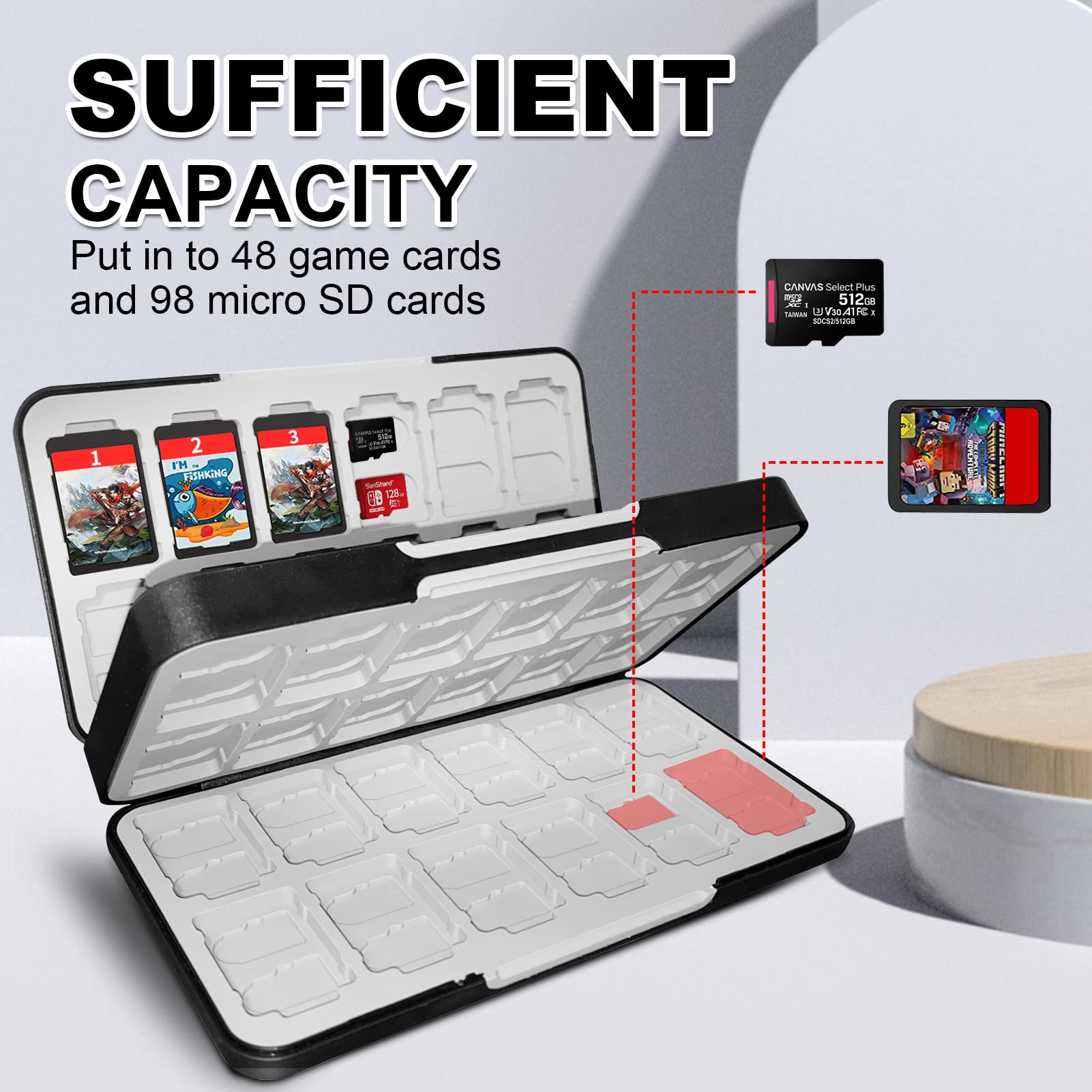 Switch Game Case with 48 for Nintendo Game Card Slots and 96 Micro SD Card Slots Game Holder Compatible Micro SD Card Slots Compact Switch Cartridge Case Compact & Portable Game Storage Case