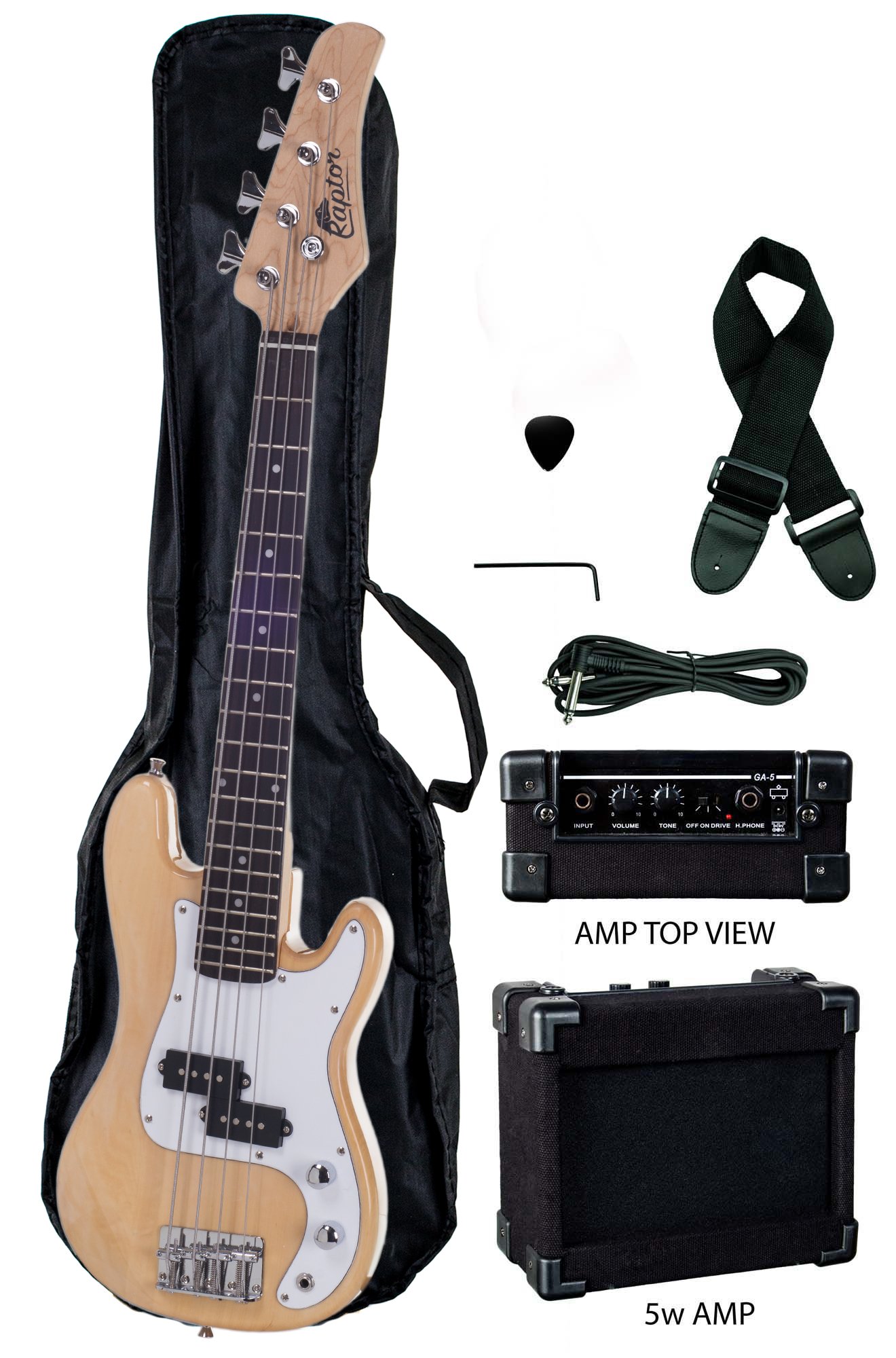 RAPTOR 38 Inch Kids Child 4 String Electric P Bass Package - NATURAL with 5W Amp, Gig Bag, Strap, Cable, Picks
