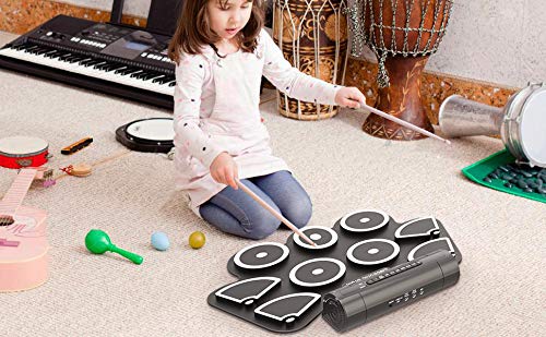 Lightahead Portable 9 Pads + 2 Pedals Electronic Roll Up Drum Set Kit with Built in Speakers, Drumsticks, and Power Supply (Ages 14 & UP)