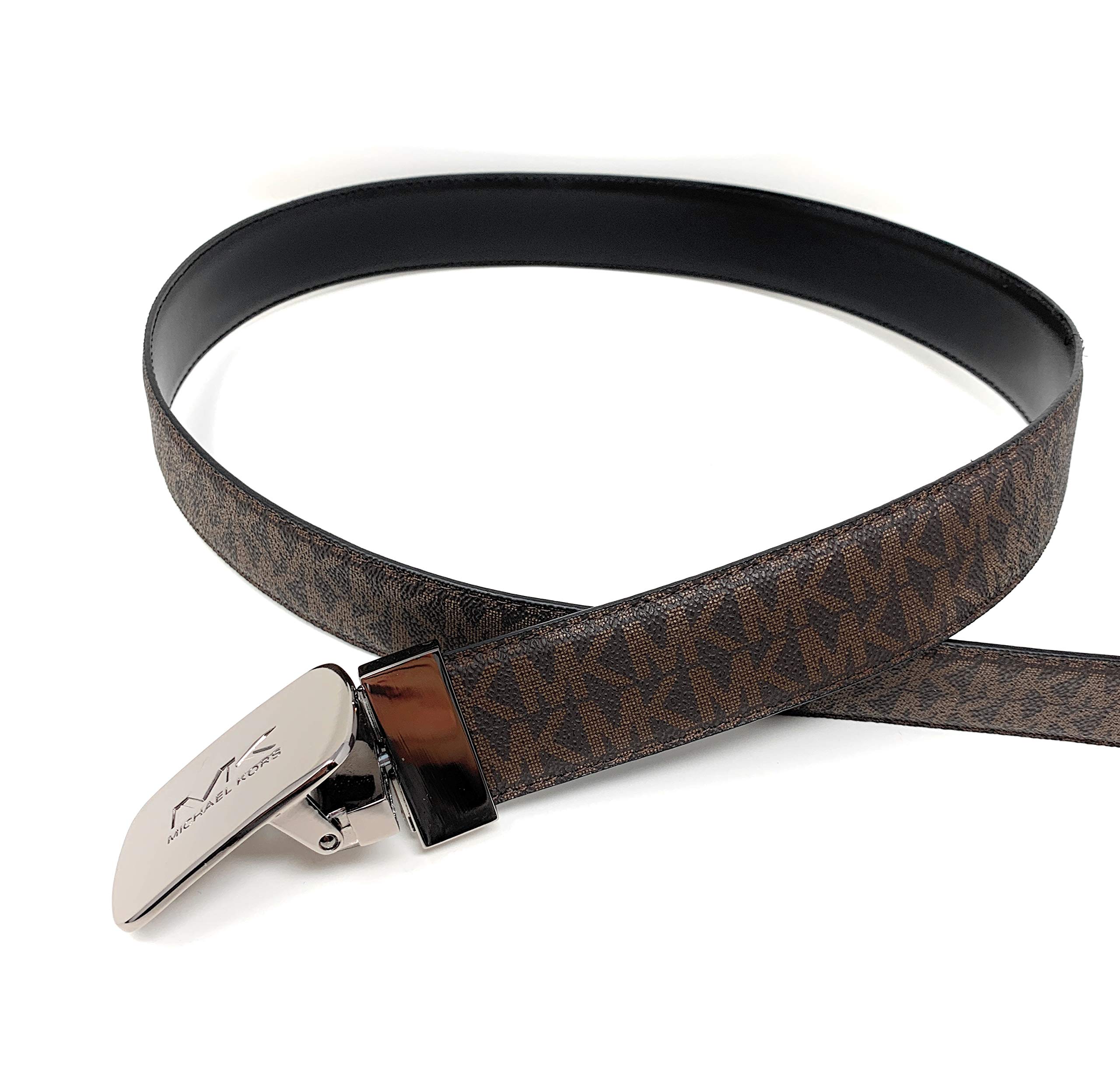Michael Kors Men's Cut to Fit Reversible PVC Leather MK Plaque Belt (Brown)