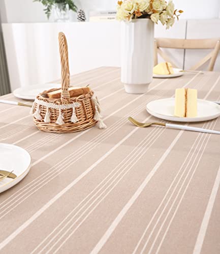 Simple&Opulence Linen and Cotton Stripe Waterproof Rectangle Tablecloth for Dinner,Picnic,and Indoor&Outdoor Party for Easter (Brown Background,White Stripe,60''x104'')