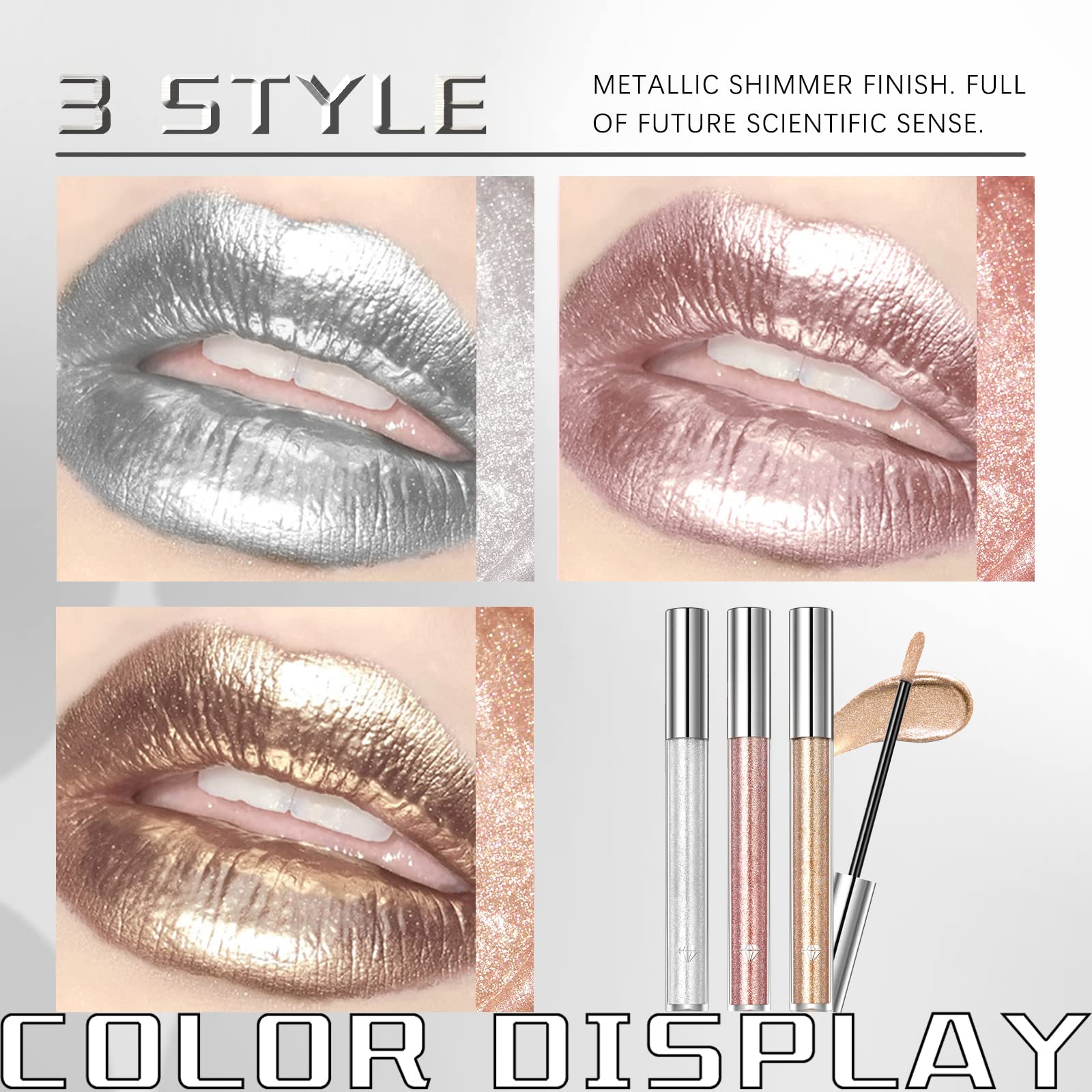 NewBang 3 Colors Metallic All Glitter Liquid Lipstick Set Chameleon Lip Gloss Tint Stain Waterproof Diamond Shimmer Shinning Sparkly Face Eye Glow Moisturizing High Glow Christmas Party Makeup Gift