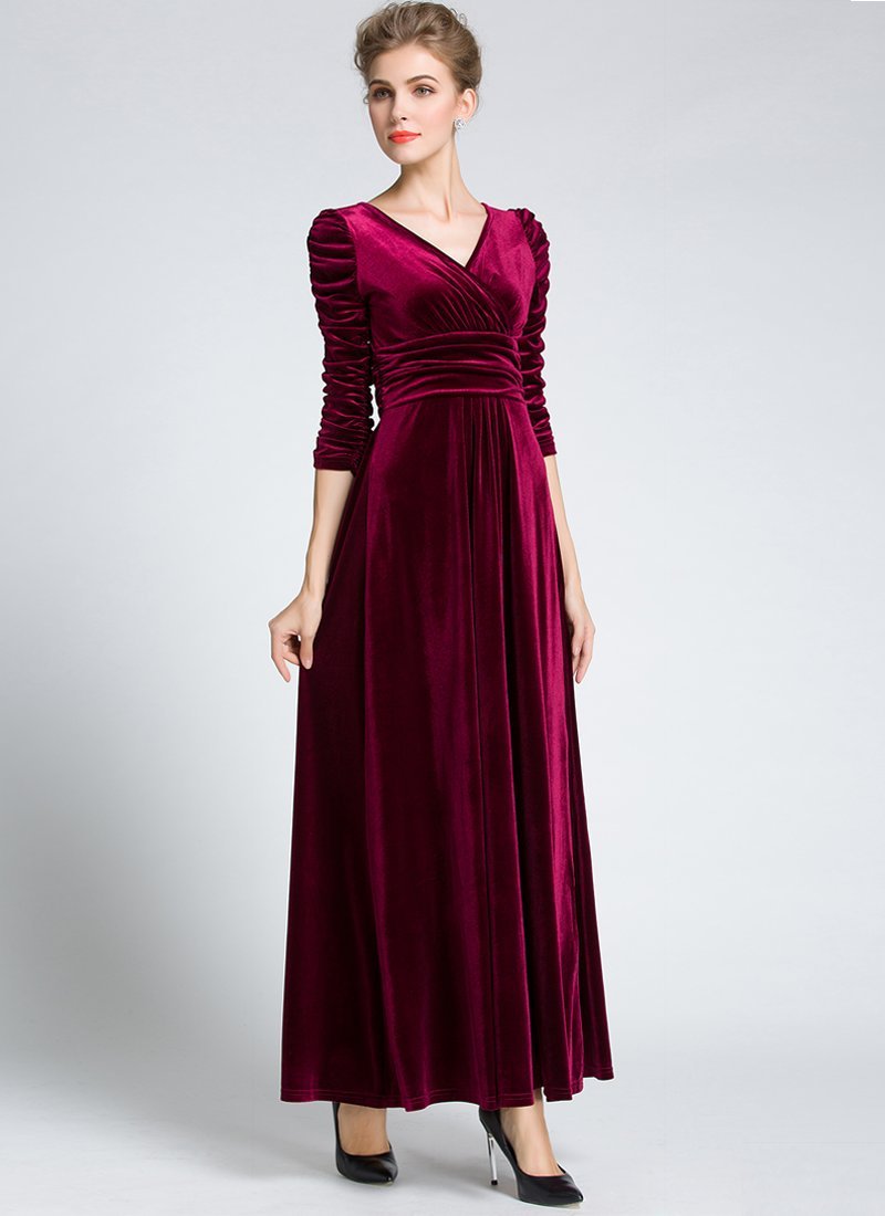 MedeShe Women's Christmas Long Velvet Maxi Dress (14/16, Burgundy Ruched Waist)