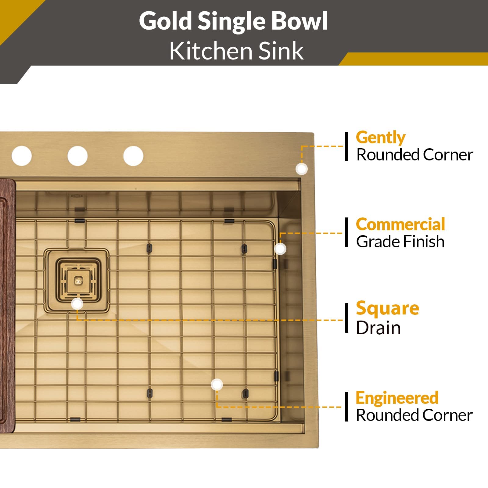 Strictly Sinks 33β Topmount Kitchen Workstation Sink Gold Single Bowl 16 Gauge Stainless Steel Drop In Sink With Scratch, Stain Resistant Colander, Cutting Board, Bottom Grid & Square Disposal Adapter