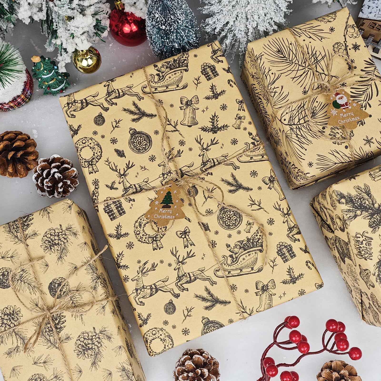 LDGOOAEL Mini Short Small Christmas Wrapping Paper Roll with Cut Lines on Reverse (17" X 120" Per Roll) - Red Gift Wrap with Santa&Snowflake&Plaid Design for Holiday, Birthday,Wedding