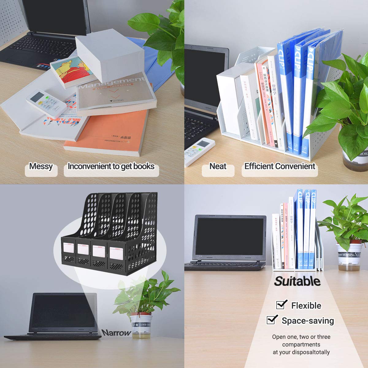 Lemical Freely Expanding 4 Vertical Compartment Collapsible Magazine File Holder Space Saving Rack Home Kitchen Desk Organizer No Need Assemble Gray