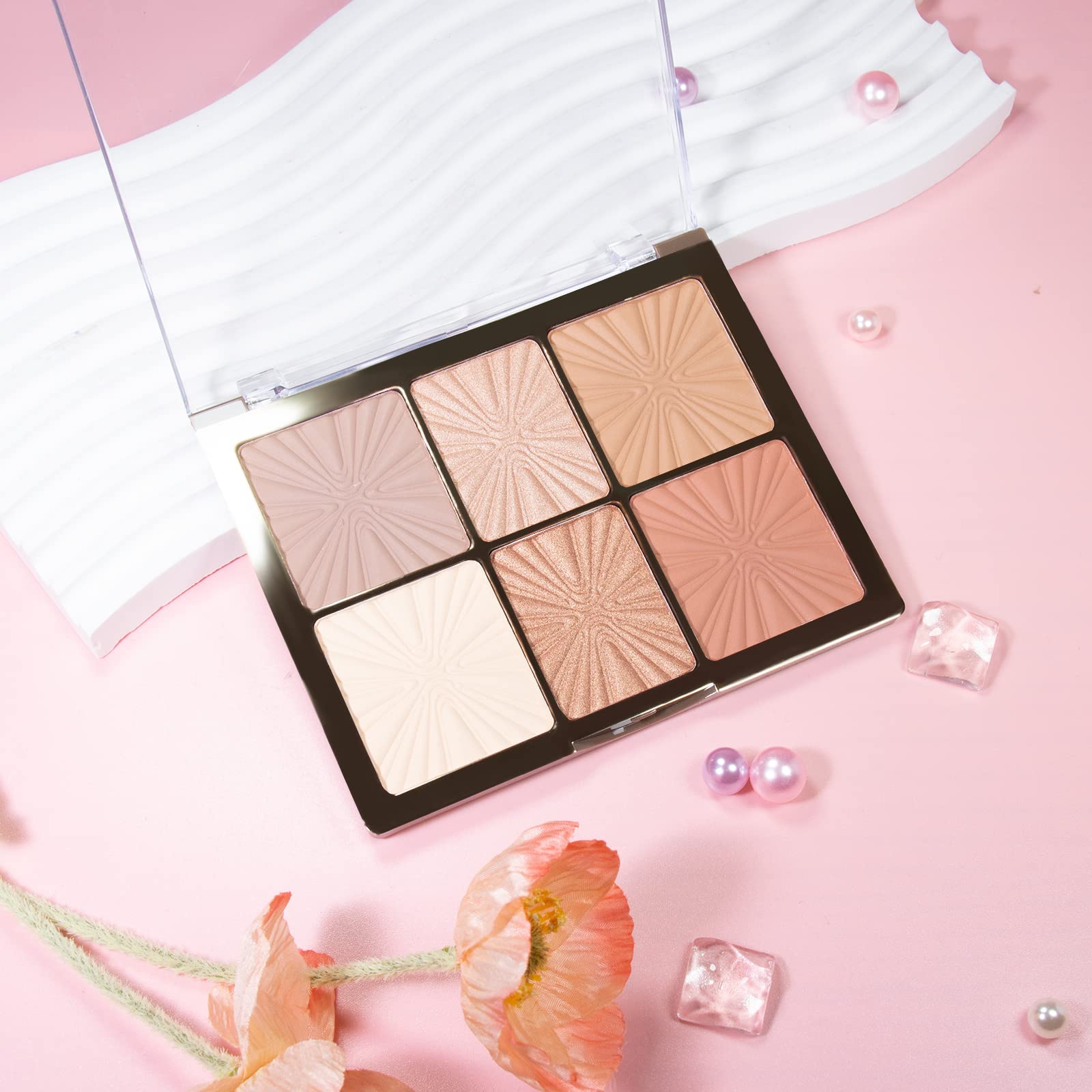 NewBang 6 Colors Blush Highlighter Makeup Palette,Bronzer Powder Matte Shimmer Metallic Finish,Face Blusher Contour Highlight Glitter Waterproof & Long Lasting Bling Natural Sparkle for Woman