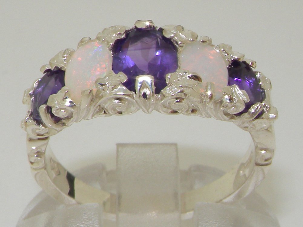 LetsBuyGold 925 Sterling Silver Real Genuine Amethyst and Opal Womens Band Ring - Size 11