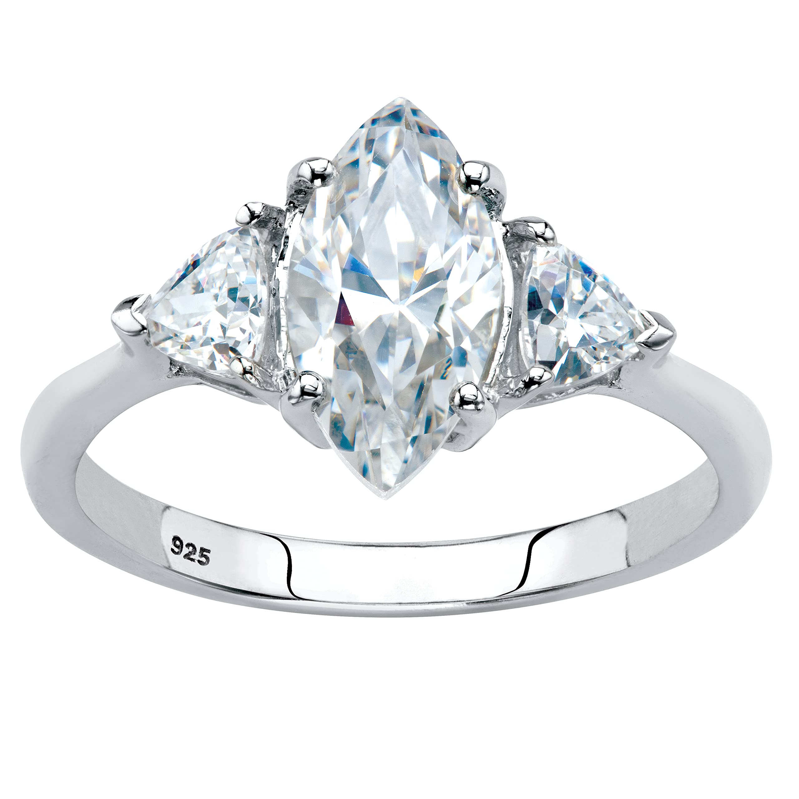 Platinum-plated Sterling Silver Marquise Cut Cubic Zirconia 3-Stone Engagement Ring Sizes 6-10 Size 7