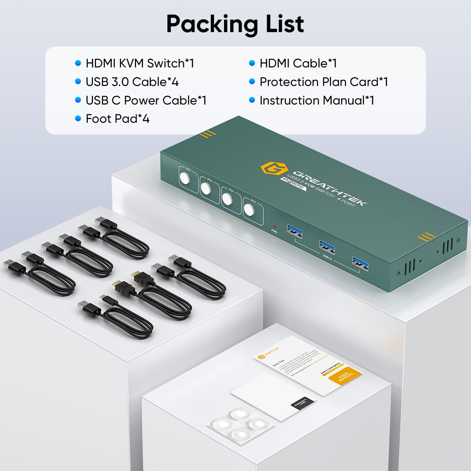 USB3.0 KVM Switch HDMI 4K@60Hz for 4 Computers Share 1 Monitor, KVM Switch 4 Port with 3 USB 3.0 Ports Share Keyboard Mouse, Support Button Switch, Plug and Play