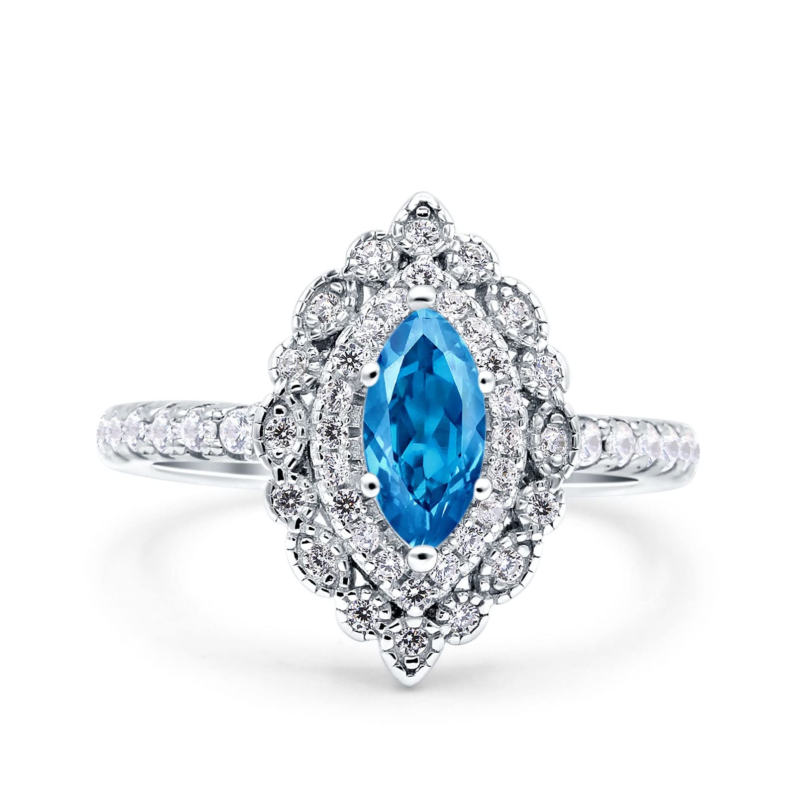 Simulated Blue Topaz CZ Size-7 Halo Vintage Style Art Deco Solitaire Accent Marquise Wedding Engagement Ring Round CZ 925 Sterling Silver