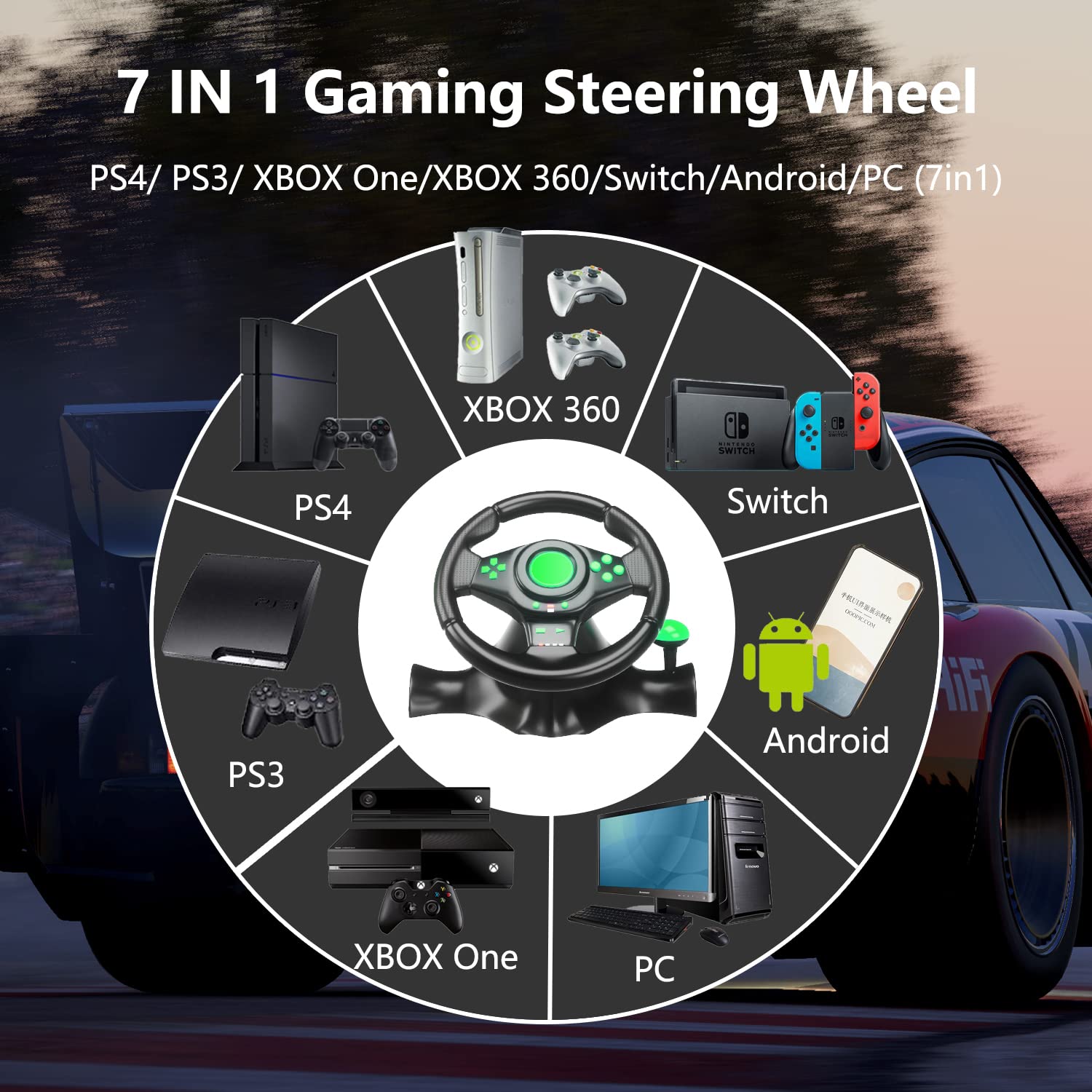 SZYUYU Racing Steering Wheel with Pedals/Paddles Shifter and Vibration for PS4/ PS3/ XBOX One/XBOX 360/Switch/Android/PC (Green)