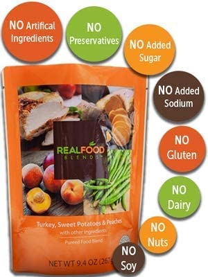 Real Food Salmon, Oats & Squash Pureed Blended Meal for Feeding Tubes, 9.4 oz Pouch (Pack of 12 Pouches)