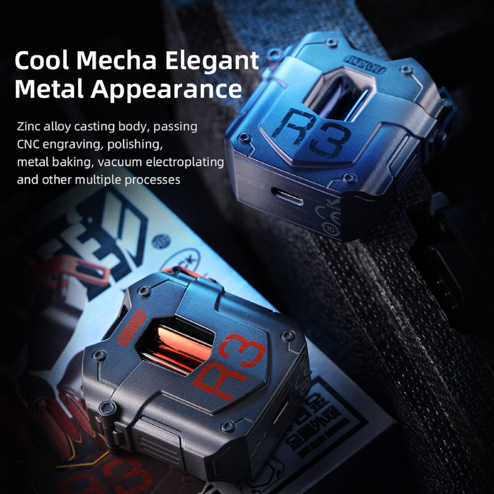 Xmenha True Wireless Earbuds Bluetooth 5.3 Metal in-Ear Headphones Gaming Cordless Ultra-Low Latency Cool Mecha Earphones TWS Stereo Ear Buds for iPhone Android PC (Winter-Blue)