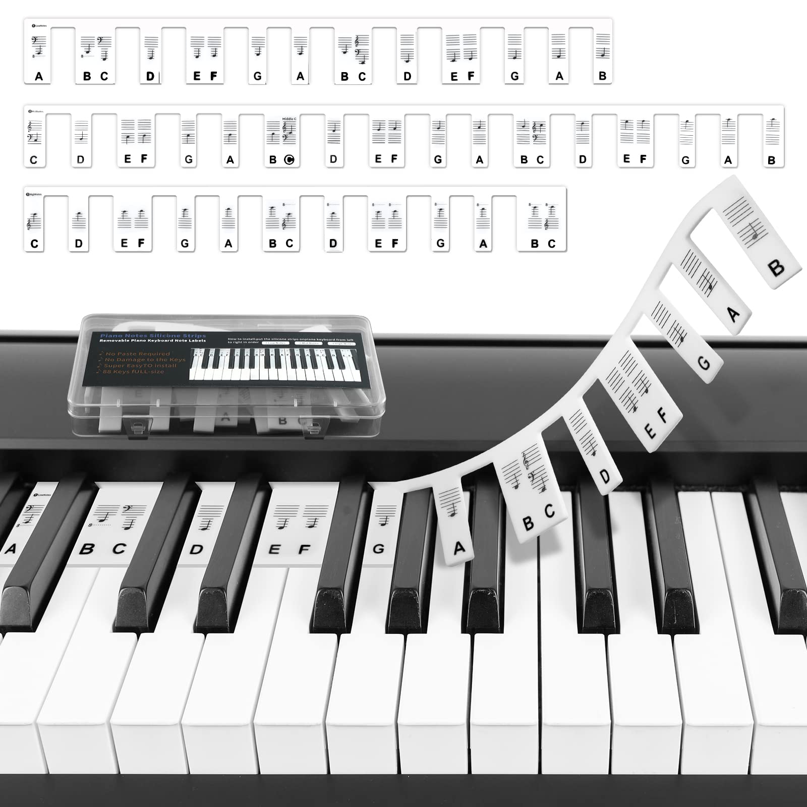 Removable Piano Keyboard Note Labels for Beginner,Piano Keyboard 88 Keys Full Size,Reusable Piano Keyboard Stickers,3 Strips Piano Stickers,Great Tools and Gifts for Piano Teachers,Kids and Beginners