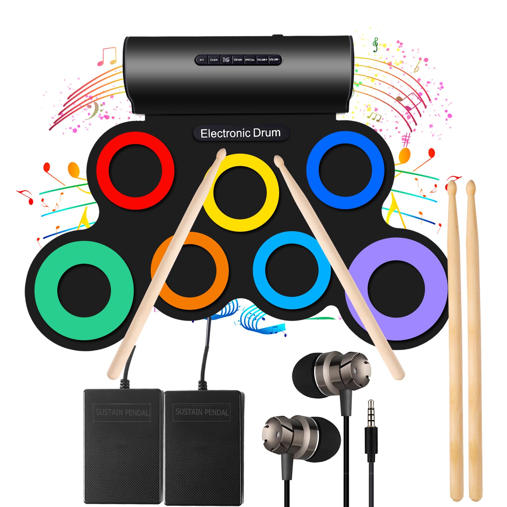Oirtmiu Electric Drum Set – Rainbow Electronic Drum Set for Kids with Drum Sticks, Pedal, Headphone Jack – MIDI Roll Up Practice Drum Pad for Children and Adults – USB Rechargeable Kid Drum Set