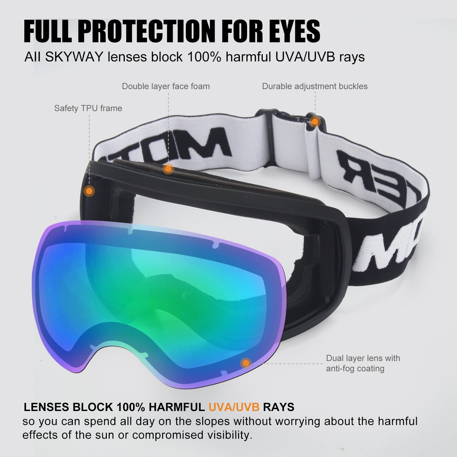 SKYWAY Ski Goggles,OTG Snow Snowboard Goggles for Men Women Snowmobile Skiing Skating SS6002 (Black Frame/Orange Lens)