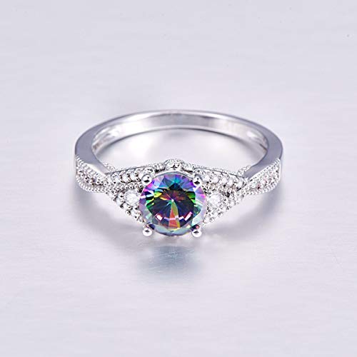 Momius 925 Silver Created-Rainbow Topaz Brilliant Round Cut Wave Side Band Ring for Girls Women Size 6¡