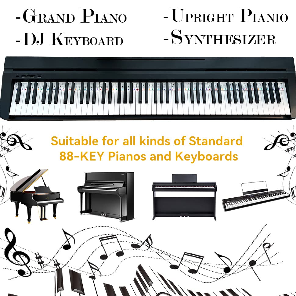 Removable Piano Notes Label for Beginners,Pixi Silicone Piano Notes Labels Guide with Cleaning Brush for Piano Learning Kit, 61/88-Key Full Size Removable Piano Keyboard Note Labels Sticker (Rainbow)