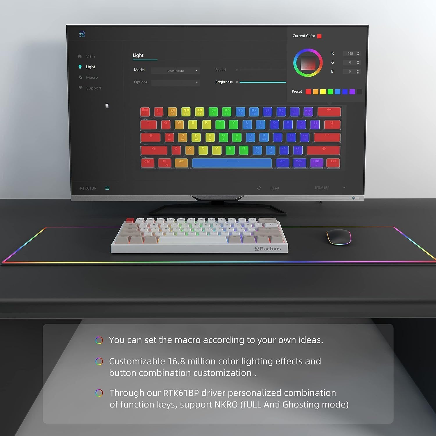 Ractous RTK63B 60% Wireless Mechanical Gaming Keyboard,RGB Blacklit PBT keycaps Type-C 63keys Bluetooth5.1/Wireless/Wried Gaming Keyboard for PC/Mac Gamers,Hot-Swap Optical Red Switch-Black