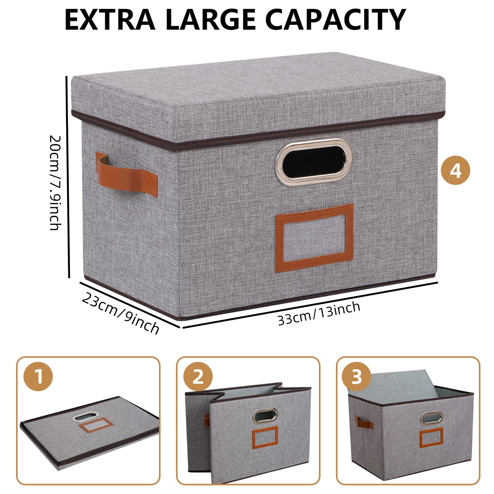 OUTBROS 4-Pack Large Collapsible Storage Bins with Lids, Foldable Fabric Storage Boxes Organizer Containers Baskets Cube with Label Window, for Home Bedroom Office, 13 * 9 * 7.9in Gray