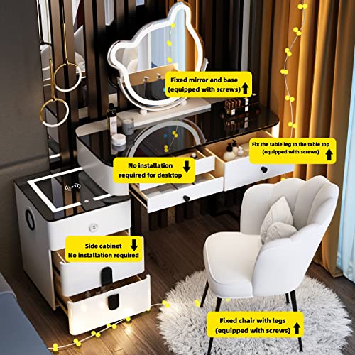 ZGNBSD Vanity Desk - Makeup Vanity with Bluetooth Speaker and Wireless Charging Station, Includes Cute Vanity Mirror and Seat, Vanity with 5 Drawers, Solid Wood, for Her (Grey)