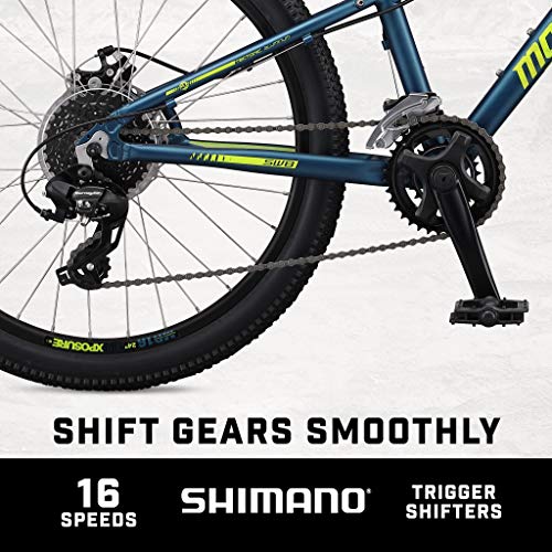 Mongoose Switchback Youth Mountain Bike with 24-Inch Wheels in Navy Blue, Aluminum Hardtail Frame, 8-Speed Drivetrain, and Mechanical Disc Brakes