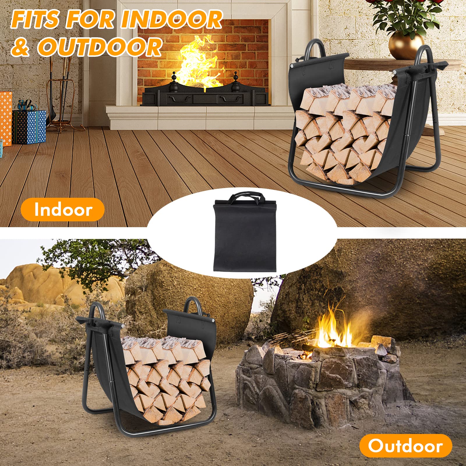 Tangkula Firewood Rack Holder with Canvas Carrier, Firewood Logs Stacker Basket for Indoor or Outdoor Use, Storage Stacker with Heavy-Duty Metal Frame, Kindling Wood Stove Accessories w/Handle