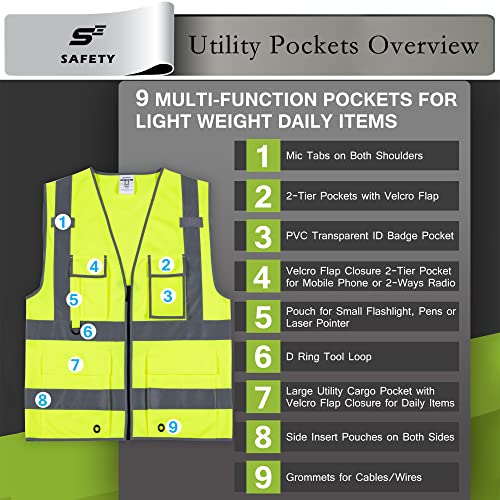 sesafety Safety Vest with 9 Pockets, High Visibility Reflective Vest, ANSI/ISEA Class 2 Type R, Yellow, M