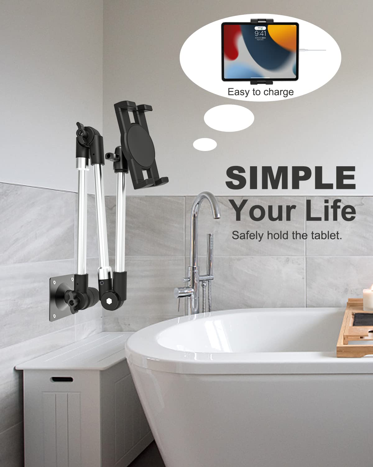Tablet Wall Mount for iPad, 35in Adjustable Arm Drill Base Tablet Mount for Kitchen Cabinet Desk, Camera Holder Webcam Stand for iPad Pro 12.9 Air Mini, Galaxy Tabs, Switch,iPhone,4-13" Tablets