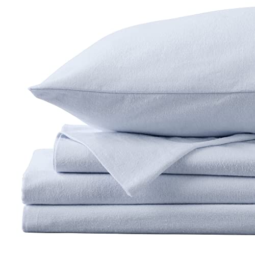 Market & Place 100% Turkish Cotton Flannel Sheet Set | 4 Piece Deep Pocket Solid Cozy Winter Bed Sheets | Double Brushed for Extra Softness & Comfort | Chalet Collection (Full, Light Blue)