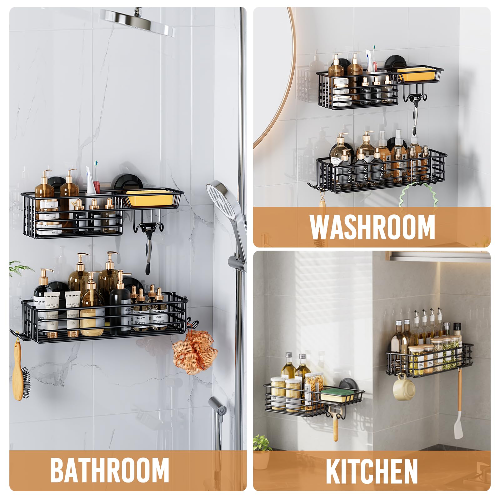 LEVERLOC Shower Caddy Suction Cup, 2 Pack Shower Shelves for Inside Shower with Hooks & Soap holder, NO-Drilling Bathroom Shower Organizer, Rustproof Stainless Steel Shower Holder Storage, Black