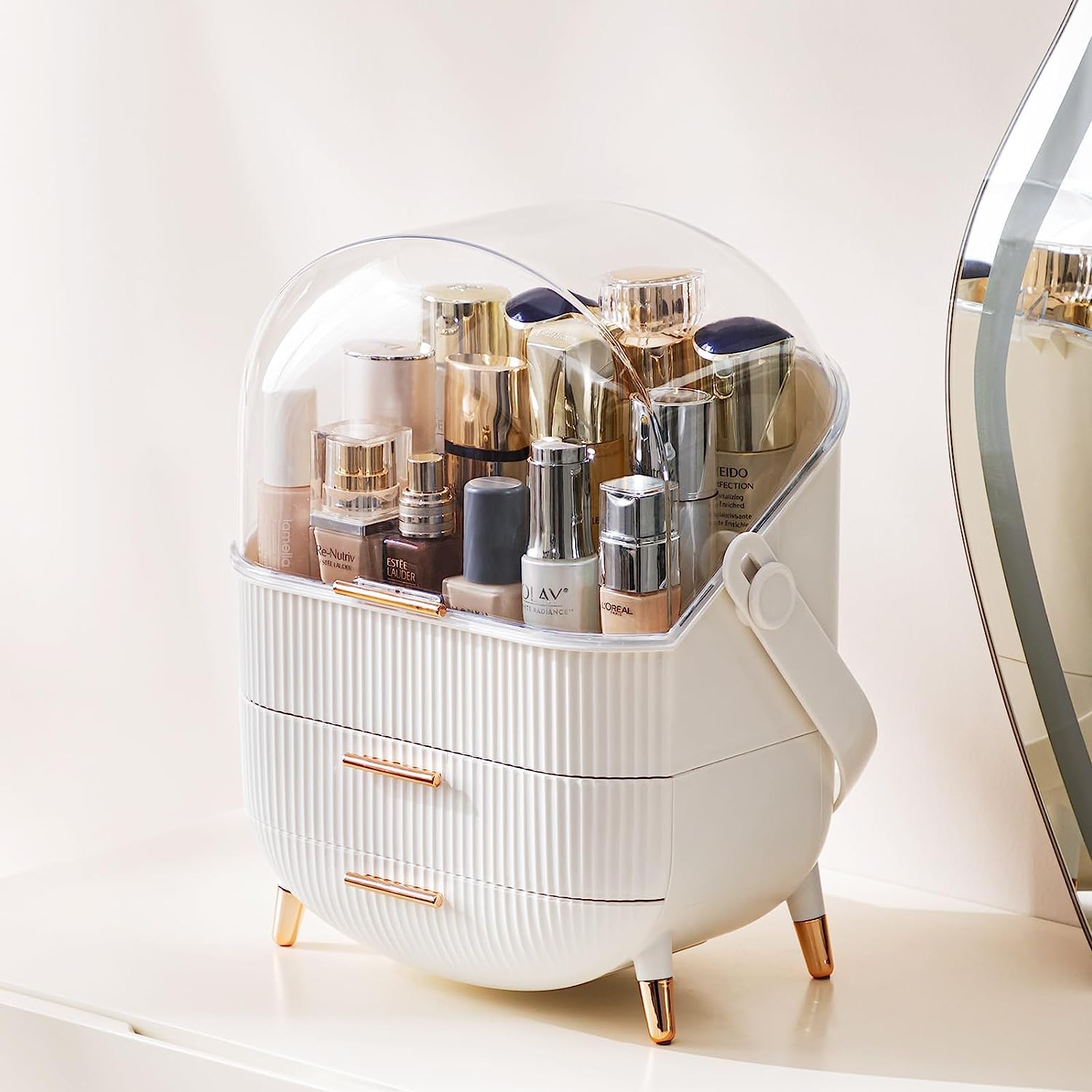 Makeup Storage Organizer, Skincare Organizers Cosmetic Display Case with Dust Free Cover Portable Handle, Waterproof Makeup Box for Vanity Countertop Bathroom Dresser- White
