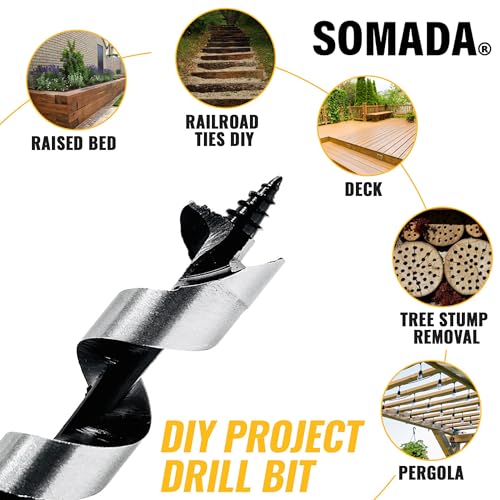 SOMADA 1-Inch x 12-Inch Auger Drill Bit for Wood, Hex Shank 3/8-Inch, Ship Auger Long Drill Bit for Soft and Hard Wood, Plastic, Drywall and Composite Materials