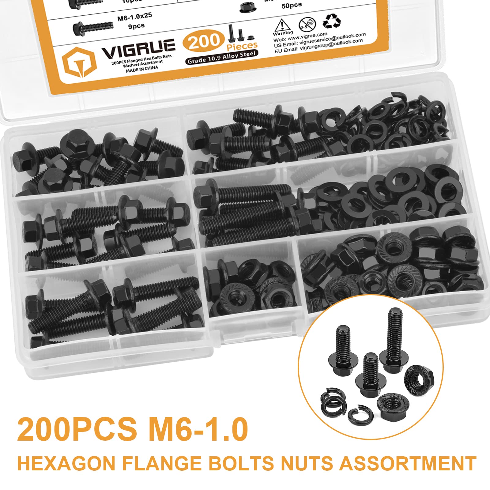 VIGRUE 252Pcs Flange Hex Head Bolts Nuts Washers Kit(12mm to 30mm) Class 10.9 Alloy Steel Black Zinc Plated M6-1.0 M8-1.25 Metric Flange Bolt Assortment Full Coarse Thread
