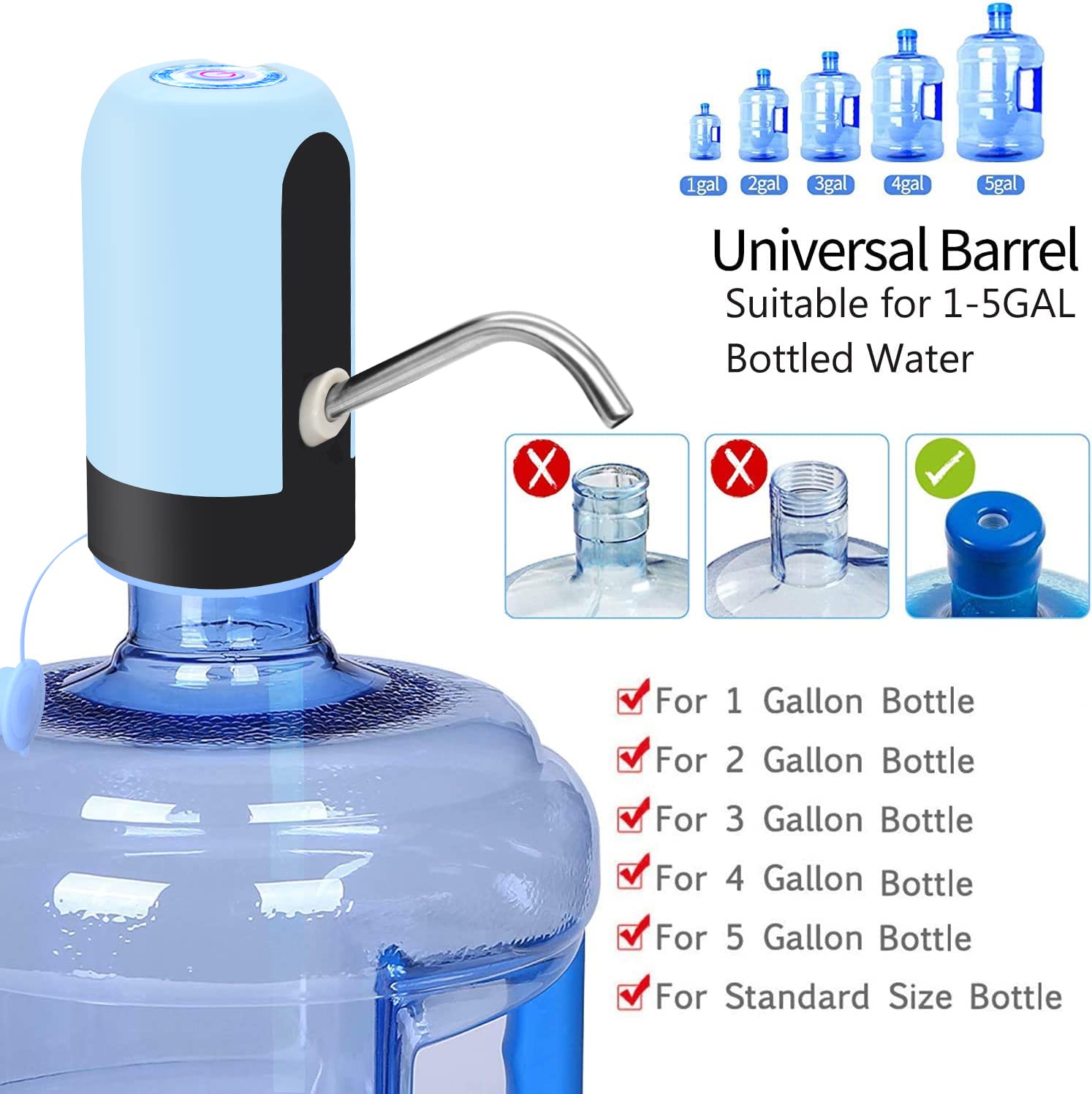 Myvision Water Bottle Pump 5 Gallon Water Bottle Dispenser USB Charging Automatic Drinking Water Pump Portable Electric Water Dispenser Water Bottle Switch (Blue)