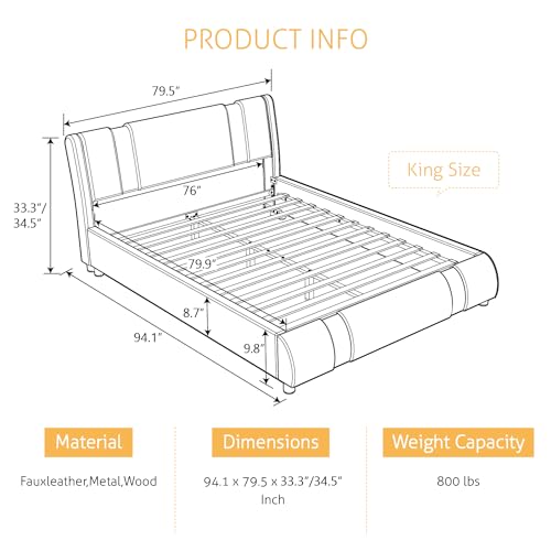 SHA CERLIN Faux Leather King Bed Frame with Adjustable Headboard and Iron Accents, Upholstered Platform Bed with Solid Wooden Slats Support, Noise-Free - Black with White Sides