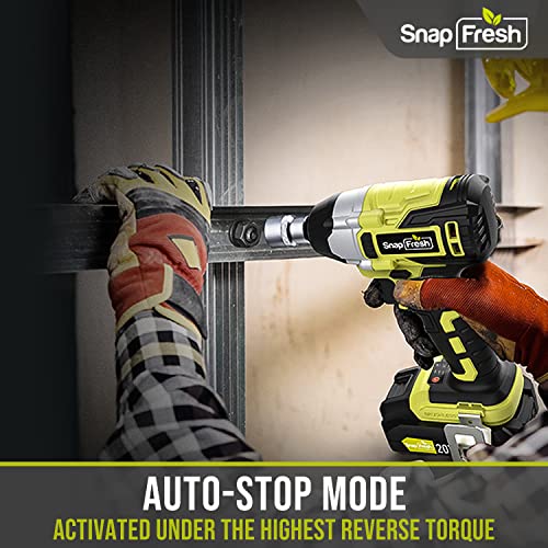 SnapFresh 20V 1/2" Brushless Impact Wrench Kit with 335ft-lbs Torque Max, 2300 RPM Variable Speed, 2.0Ah Li-ion Battery&1h Fast Charger, 4 Pcs Sockets