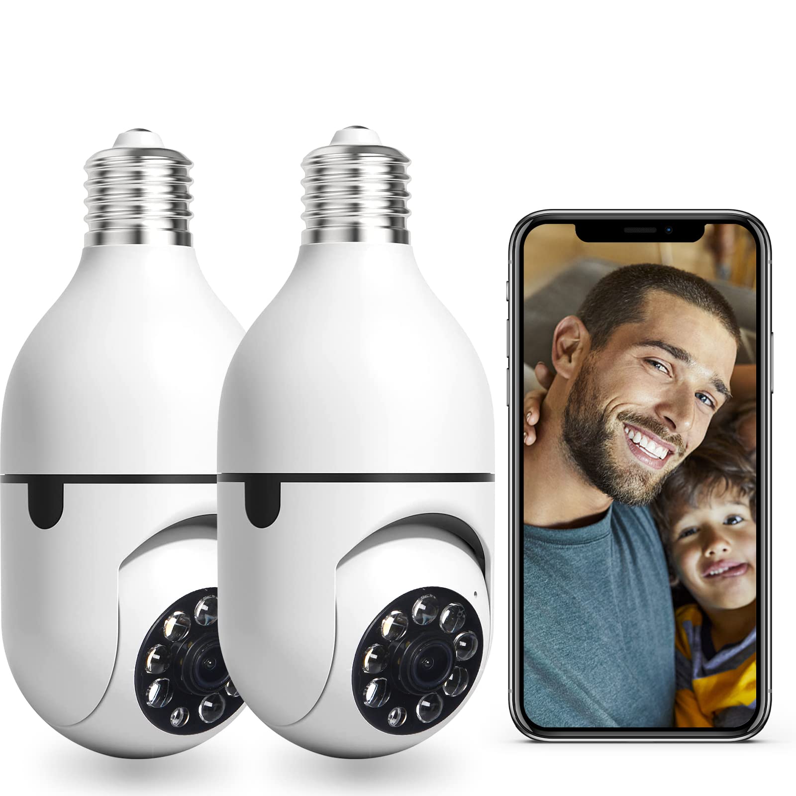 WiFi Light Bulb Camera/1080P Security Camera/2.4GHz WiFi Smart 360°Panoramic Indoor Surveillance Camera with Night Vision Motion Detection Alarm Two-Way-Talk Phone Remote View Outdoor/2pcs