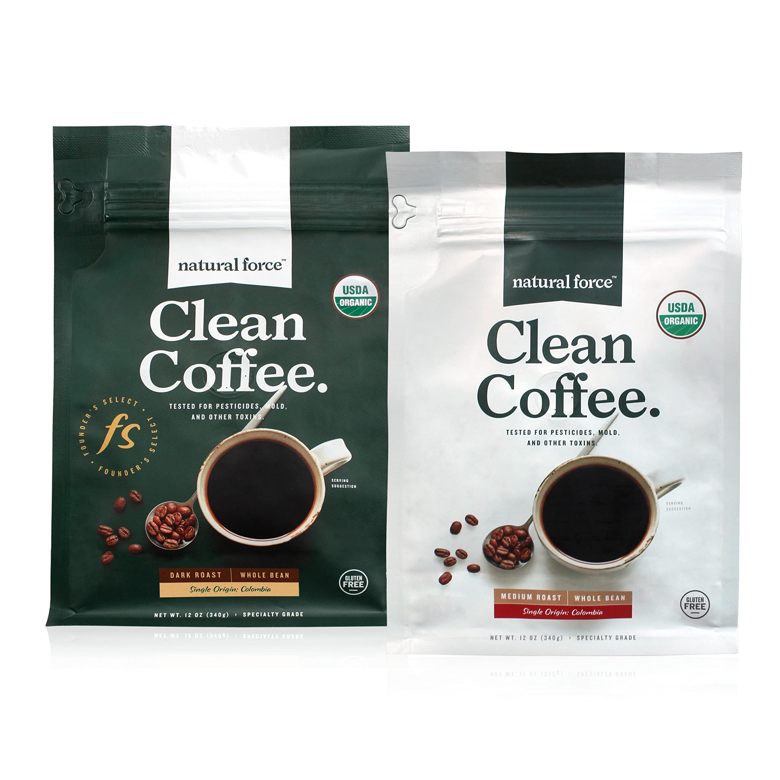 Natural Force Clean Coffee Dark + Medium Roast Bundle - Organic, Mold Free, Whole Bean Coffees Tested for Toxins and Powered by Purity ā Great Taste + Aroma - 2x 12 Ounce Bags