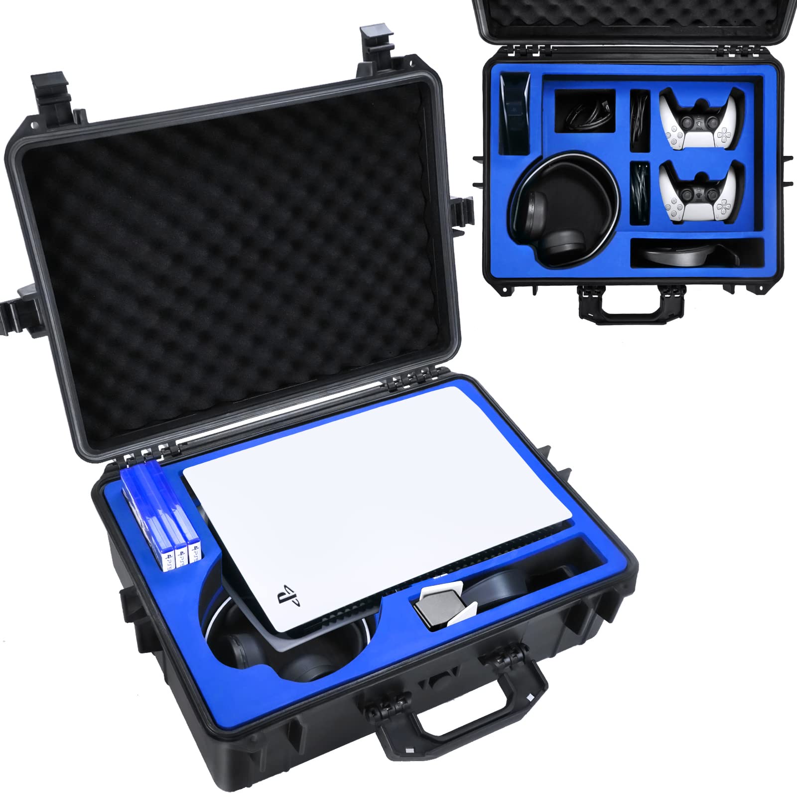 Premium Waterproof Travel Hard Case for PS5 - Heavy Duty Carrying Case Fits PlayStation 5 Console, Headset, Controllers, Games, Stand, Dualsense Charging Station, Cables and Other Accessories, Blue