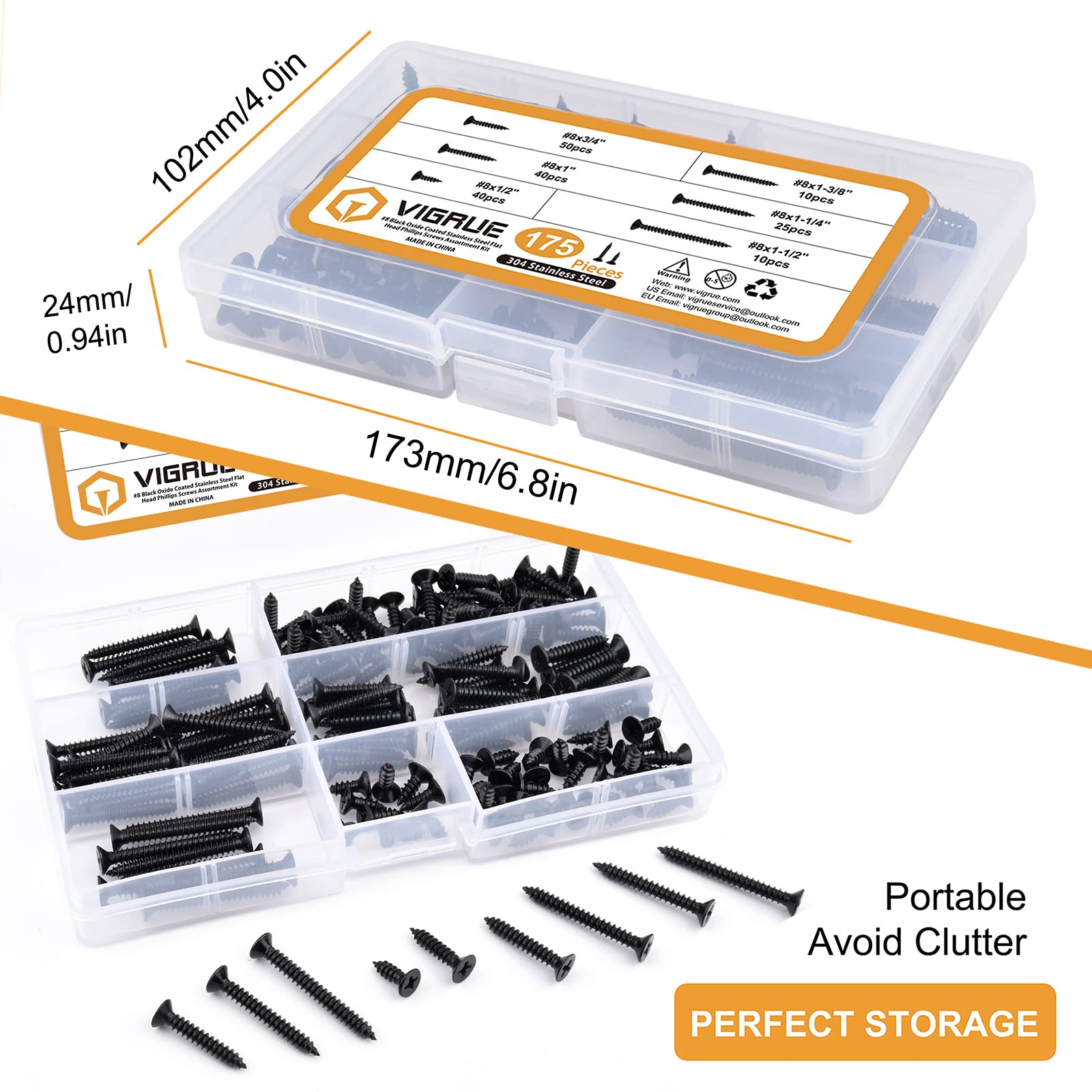 VIGRUE 265 Pcs #6 Wood Screws Black Oxide Coated Stainless Steel Flat Head Phillips Drywall Screw Assortment Kit, Self Tapping Screws Kit